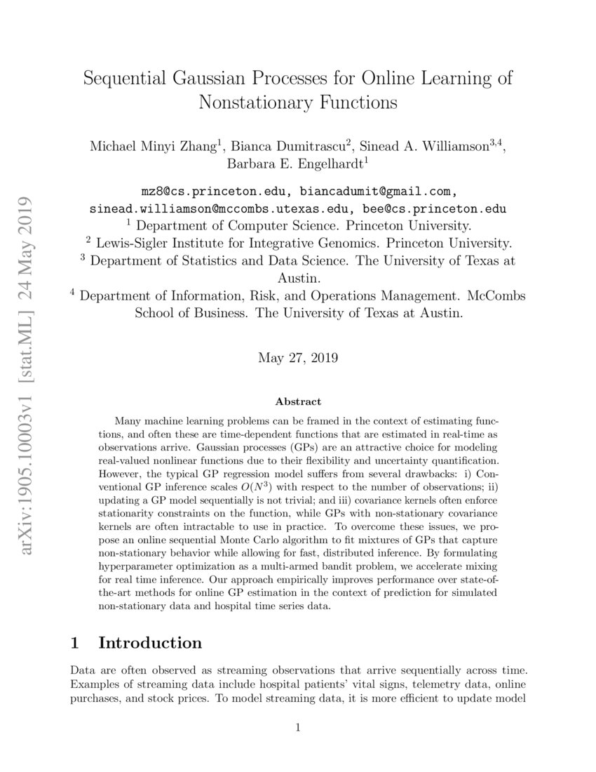 Sequential Gaussian Processes For Online Learning Of Nonstationary Functions Deepai 