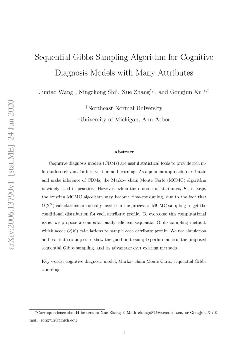 Sequential Gibbs Sampling Algorithm for Cognitive Diagnosis Models with ...