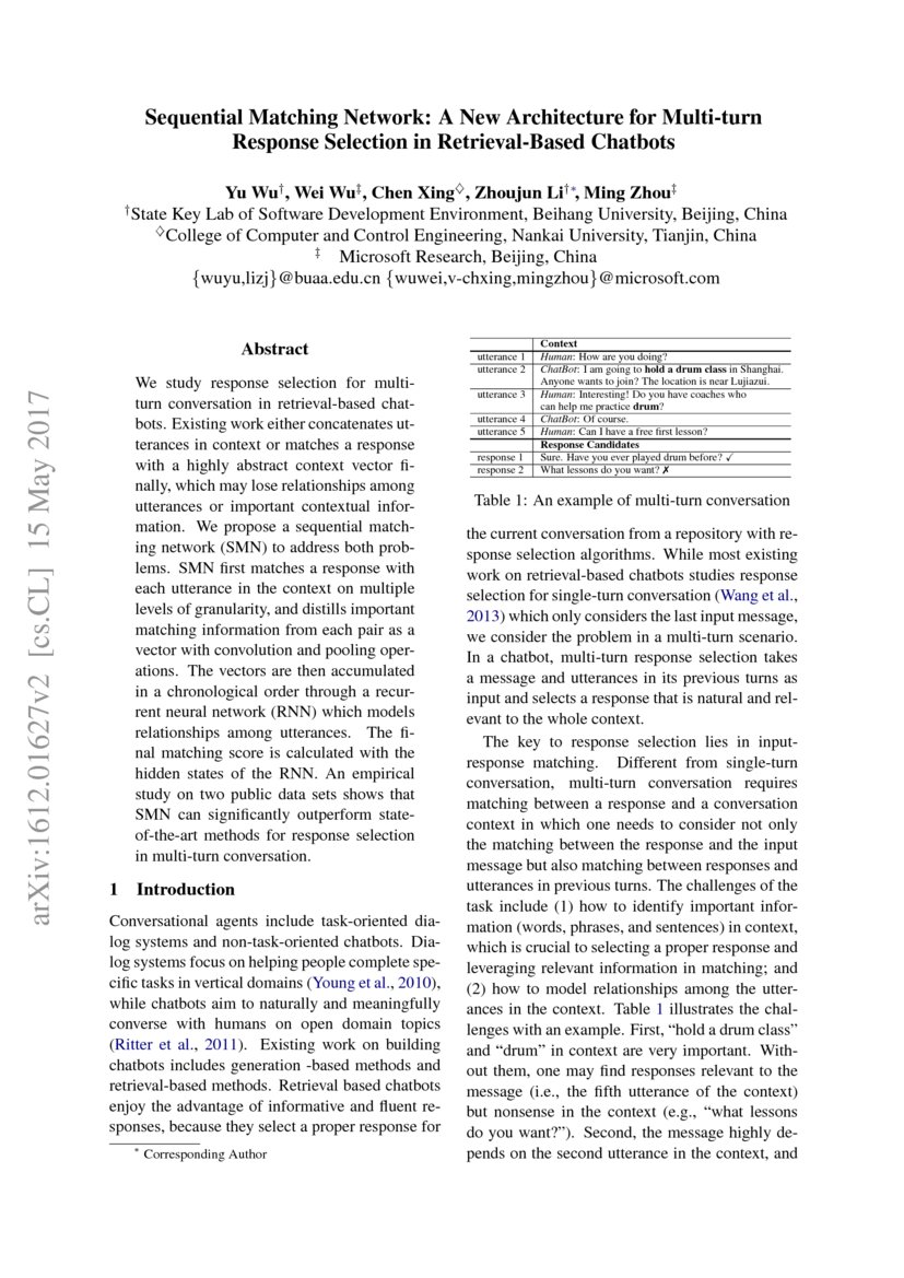 Sequential Matching Network A New Architecture For Multi Turn Response Selection In Retrieval