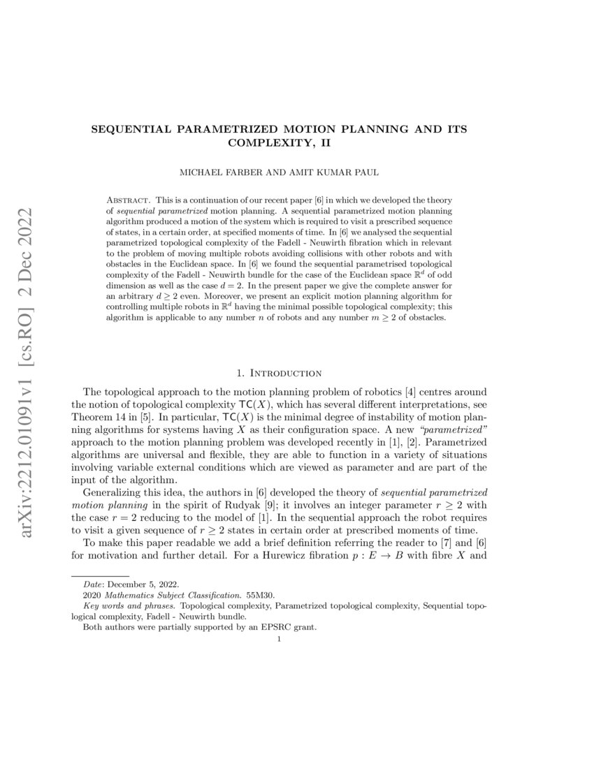 Sequential Parametrized Motion Planning And Its Complexity Ii Deepai