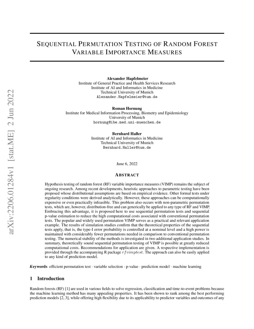 Sequential Permutation Testing Of Random Forest Variable Importance Measures Deepai 3273