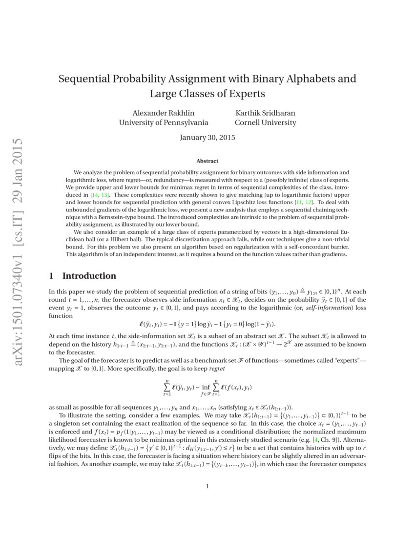 Sequential Probability Assignment with Binary Alphabets and Large ...