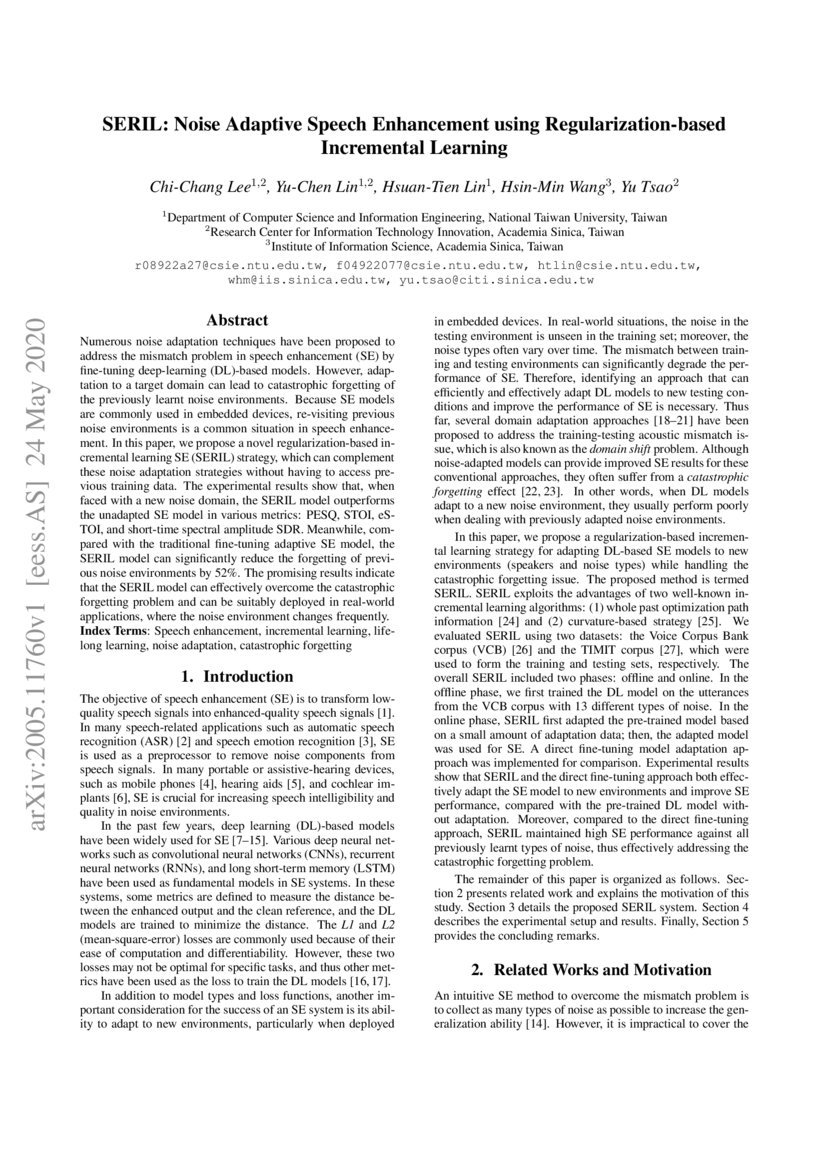 SERIL: Noise Adaptive Speech Enhancement using Regularization-based Incremental Learning | DeepAI