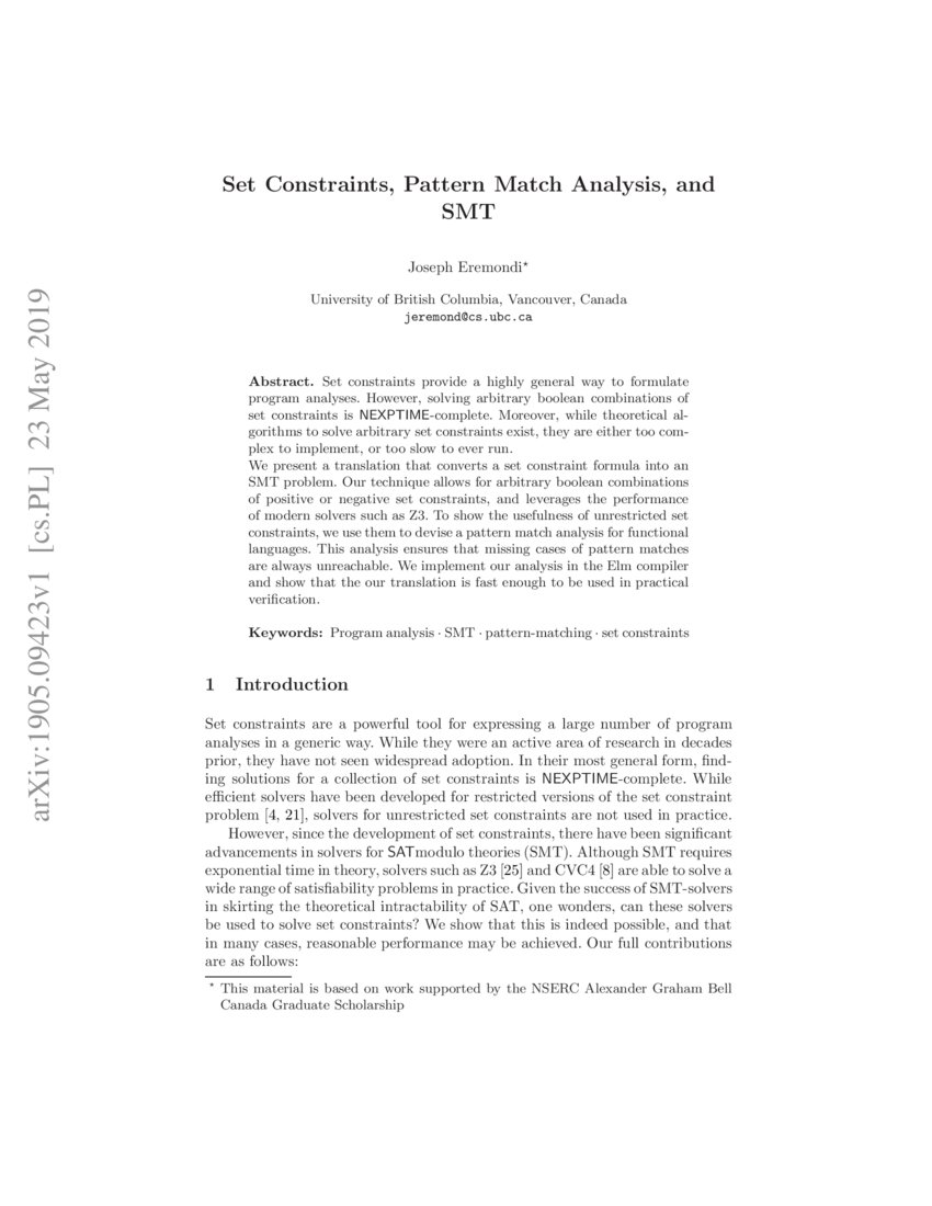 Set Constraints, Pattern Match Analysis, and SMT | DeepAI