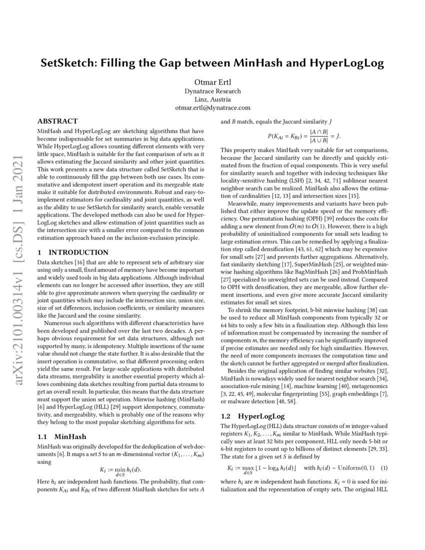 SetSketch: Filling the Gap between MinHash and HyperLogLog | DeepAI