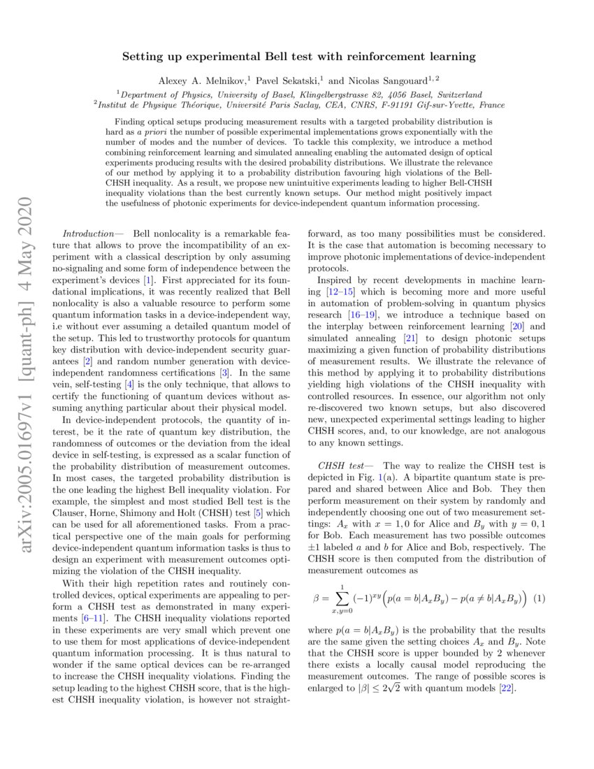 Setting up experimental Bell test with reinforcement learning | DeepAI