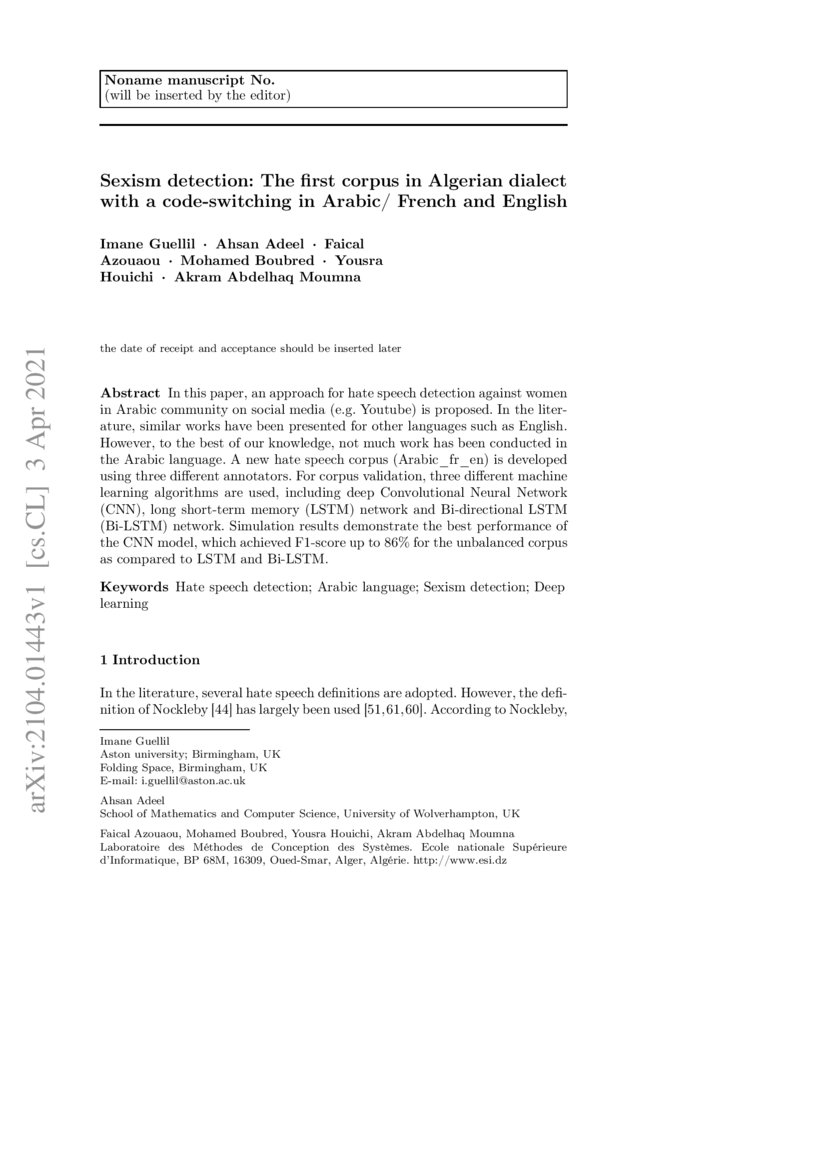 Sexism Detection The First Corpus In Algerian Dialect With A Code