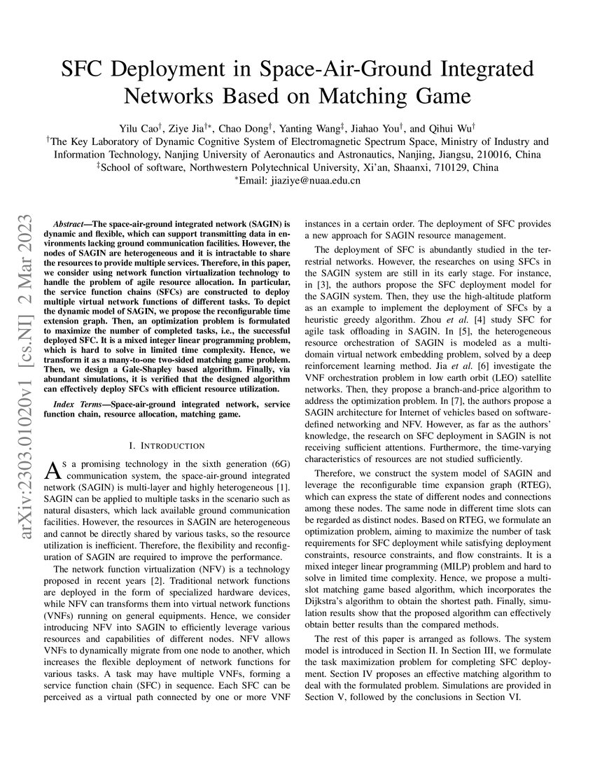 Sfc Deployment In Space Air Ground Integrated Networks Based On Matching Game Deepai