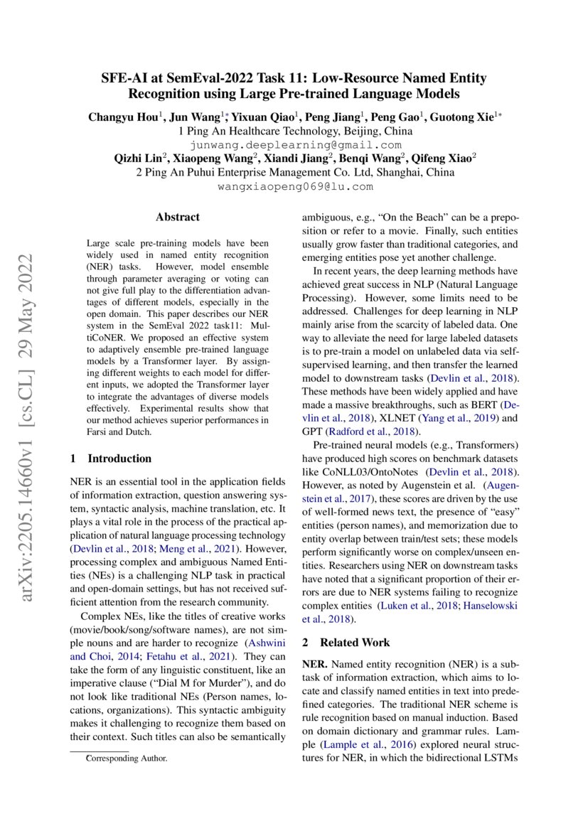 Sfe Ai At Semeval 2022 Task 11 Low Resource Named Entity Recognition Using Large Pre Trained