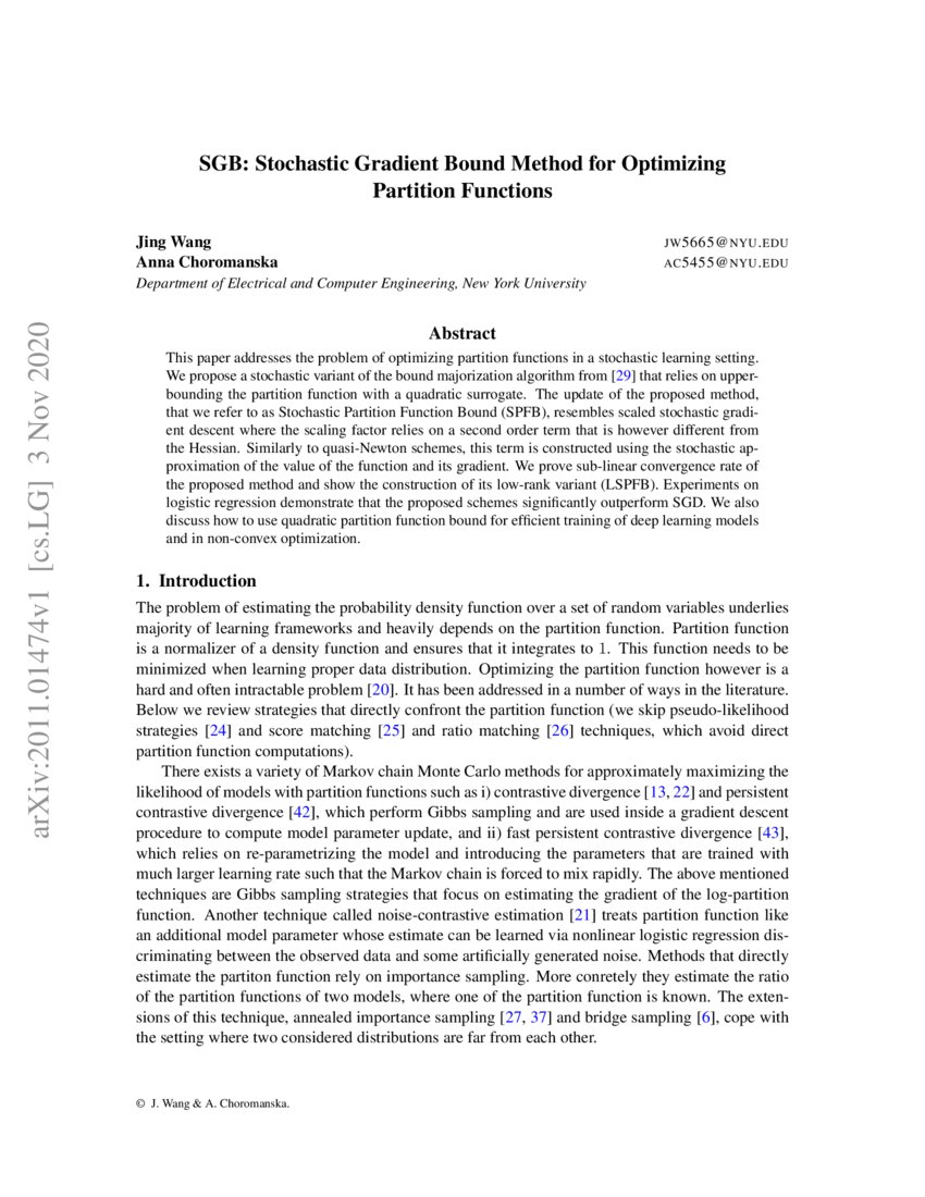 SGB: Stochastic Gradient Bound Method for Optimizing Partition Functions | DeepAI