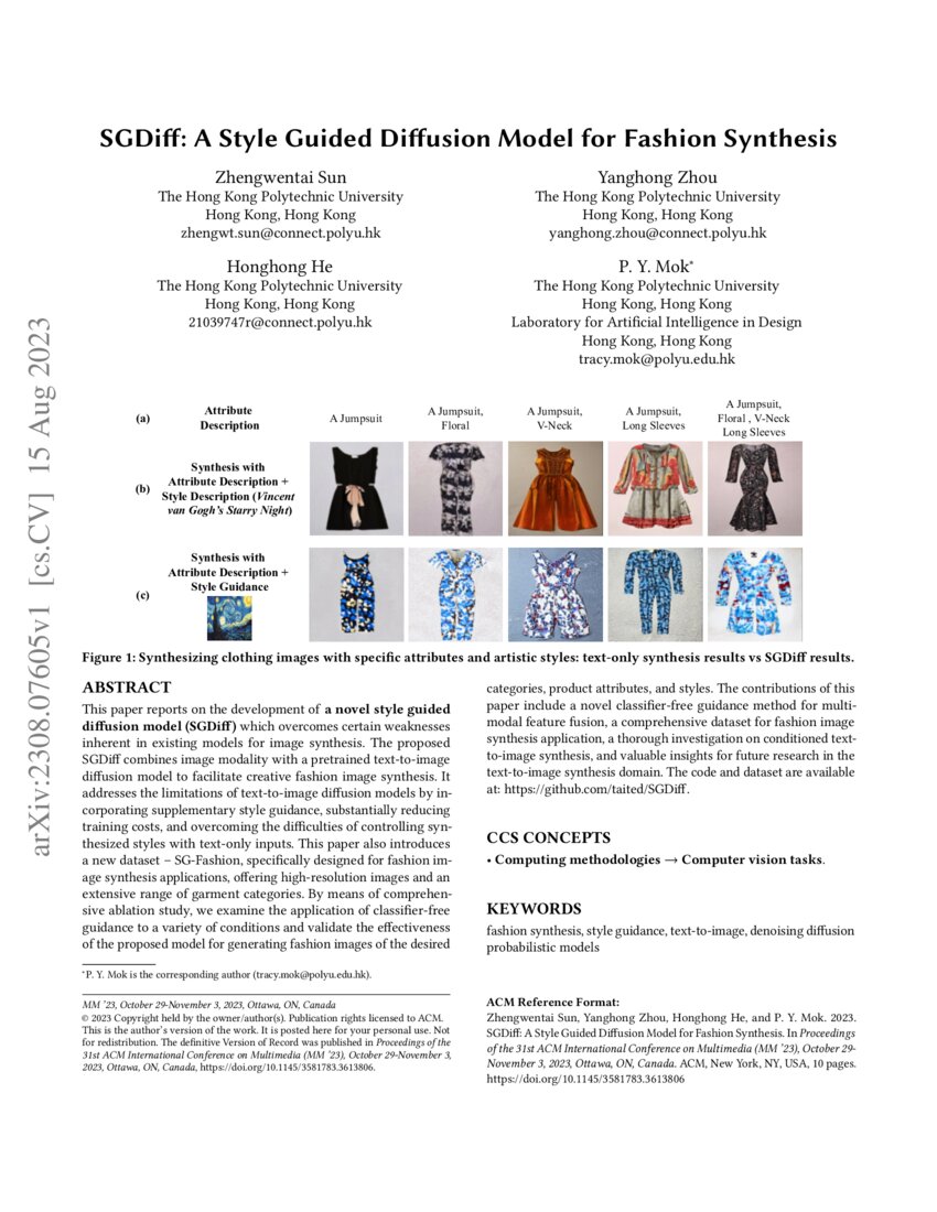 Sgdiff A Style Guided Diffusion Model For Fashion Synthesis Deepai