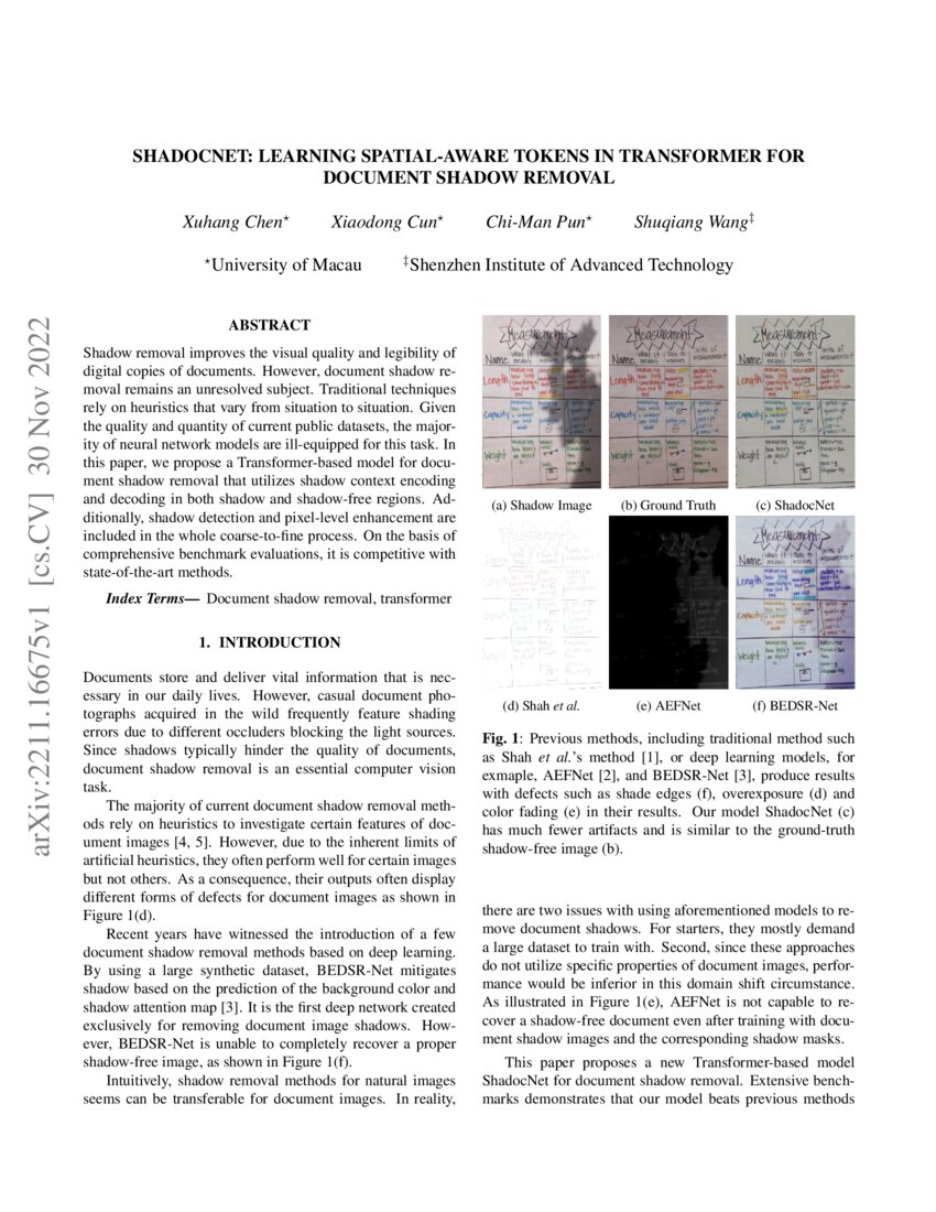 ShaDocNet: Learning Spatial-Aware Tokens in Transformer for Document Shadow Removal | DeepAI