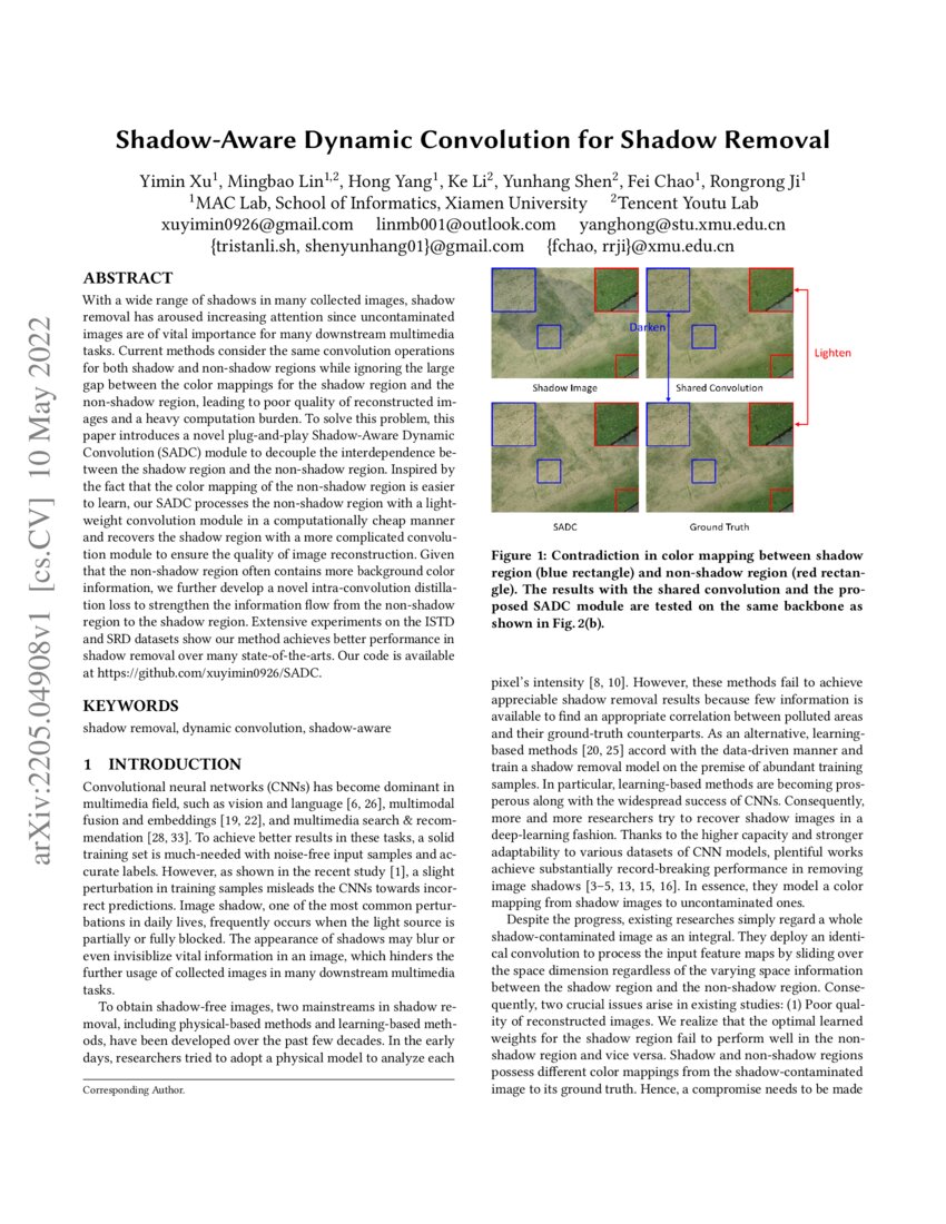 Shadow-Aware Dynamic Convolution for Shadow Removal | DeepAI