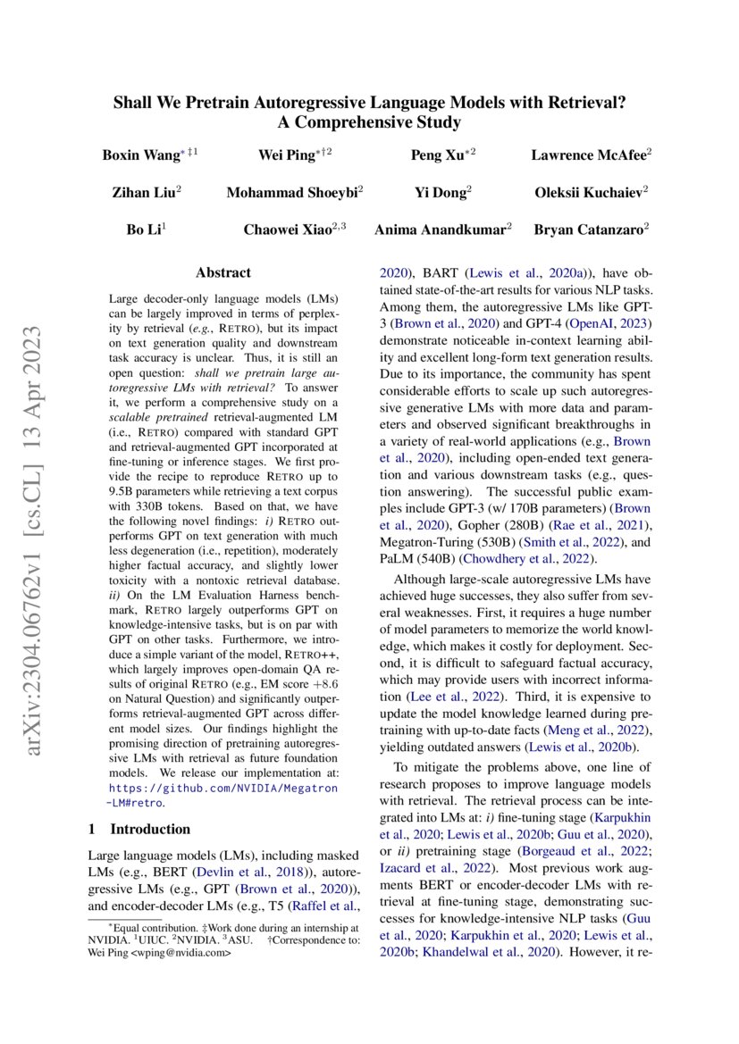 Shall We Pretrain Autoregressive Language Models with Retrieval? A Comprehensive Study | DeepAI