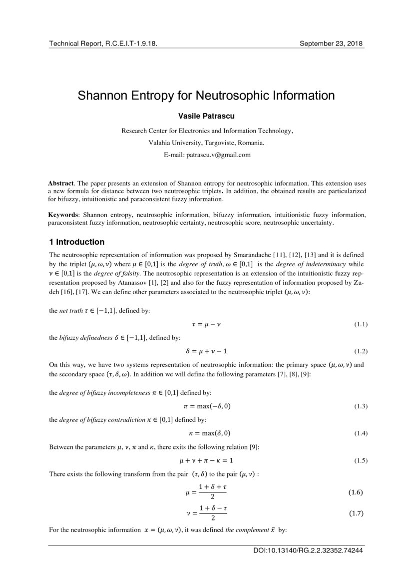 Shannon Entropy for Neutrosophic Information | DeepAI