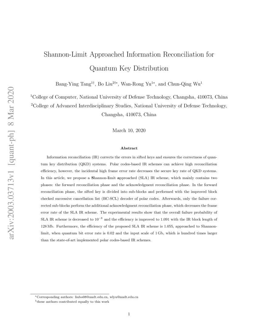 Shannon-Limit Approached Information Reconciliation for Quantum Key ...