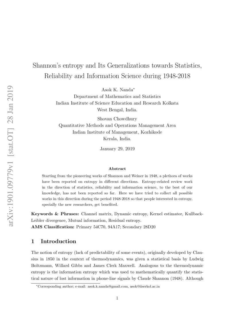 Shannon's entropy and its Generalizations towards Statistics ...