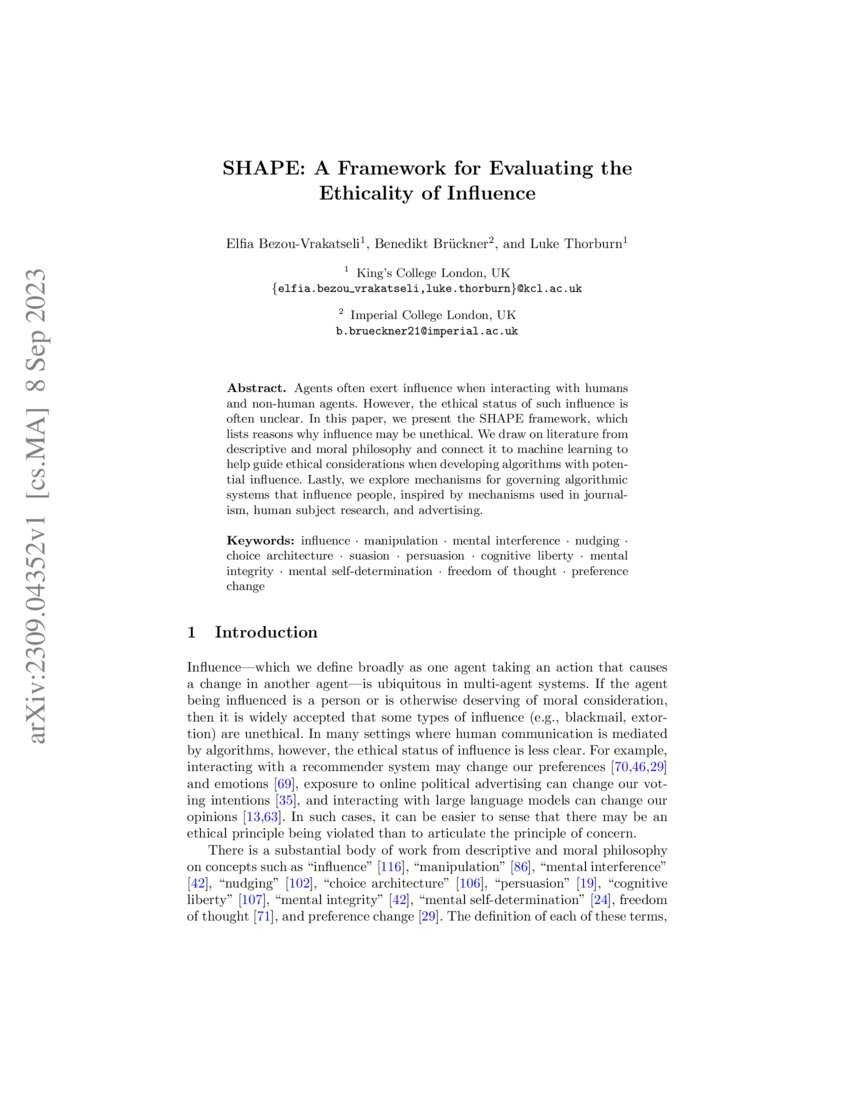 Shape A Framework For Evaluating The Ethicality Of Influence Deepai