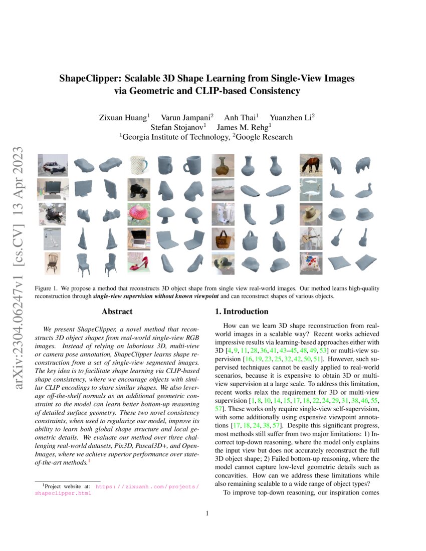 ShapeClipper: Scalable 3D Shape Learning from Single-View Images via Geometric and CLIP-based ...