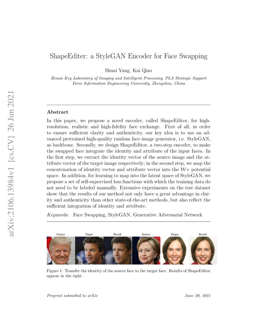 ShapeEditer: a StyleGAN Encoder for Face Swapping | DeepAI