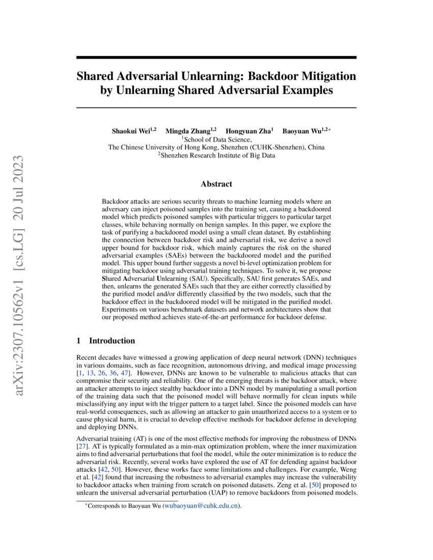 Shared Adversarial Unlearning Backdoor Mitigation By Unlearning Shared Adversarial Examples 