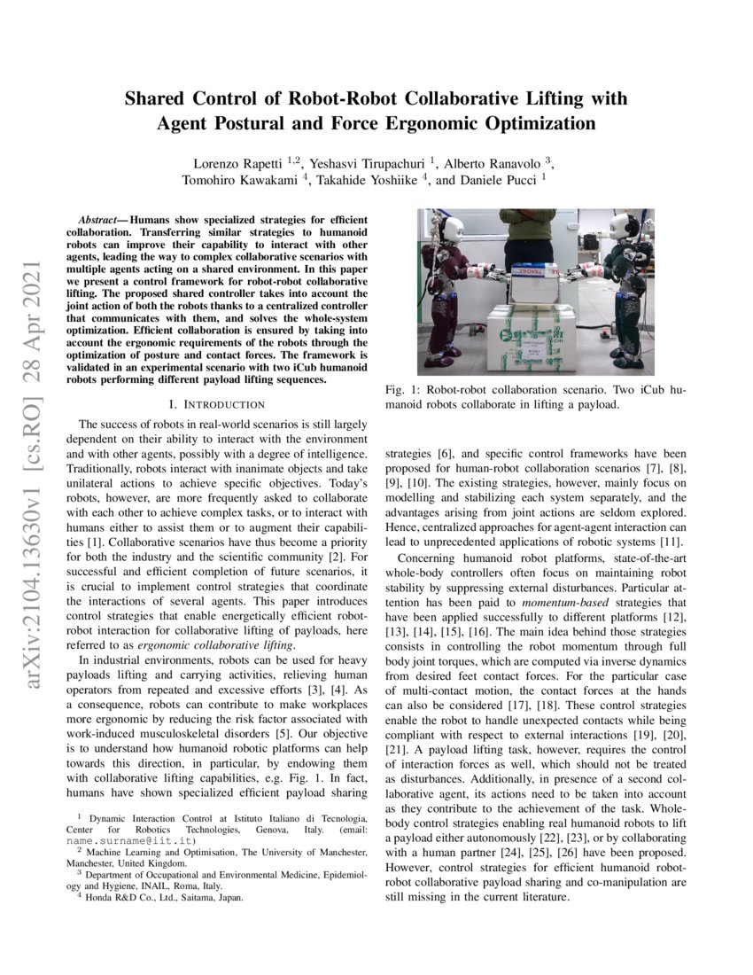 Shared Control of Robot-Robot Collaborative Lifting with Agent Postural ...