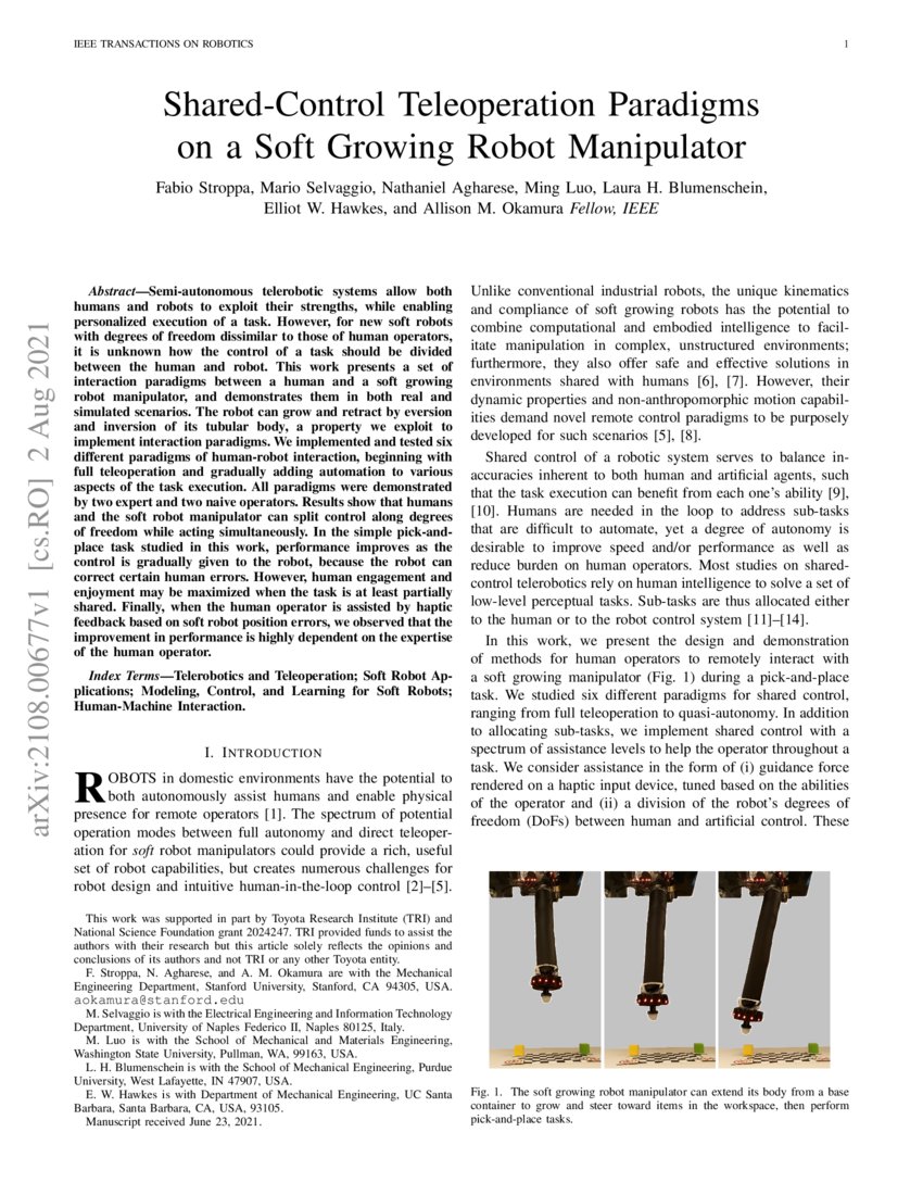 Shared-Control Teleoperation Paradigms on a Soft Growing Robot Manipulator | DeepAI