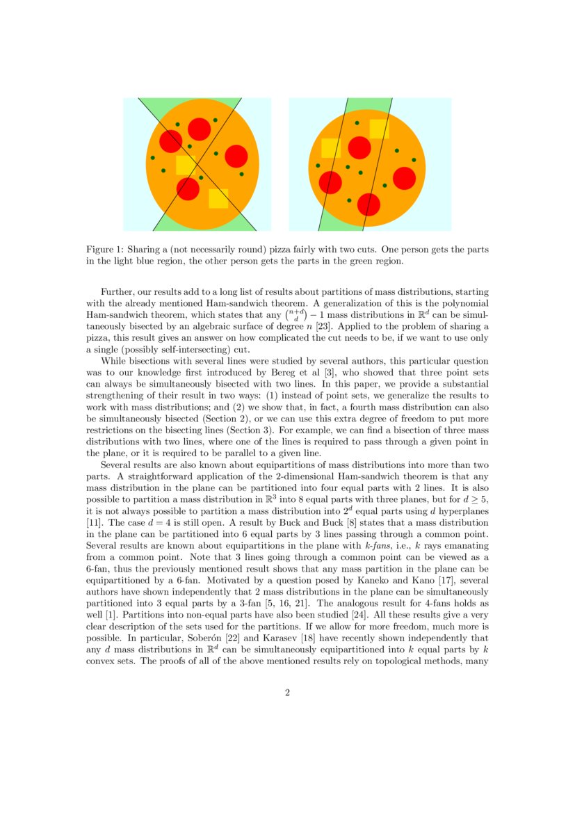 Sharing a pizza: bisecting masses with two cuts | DeepAI