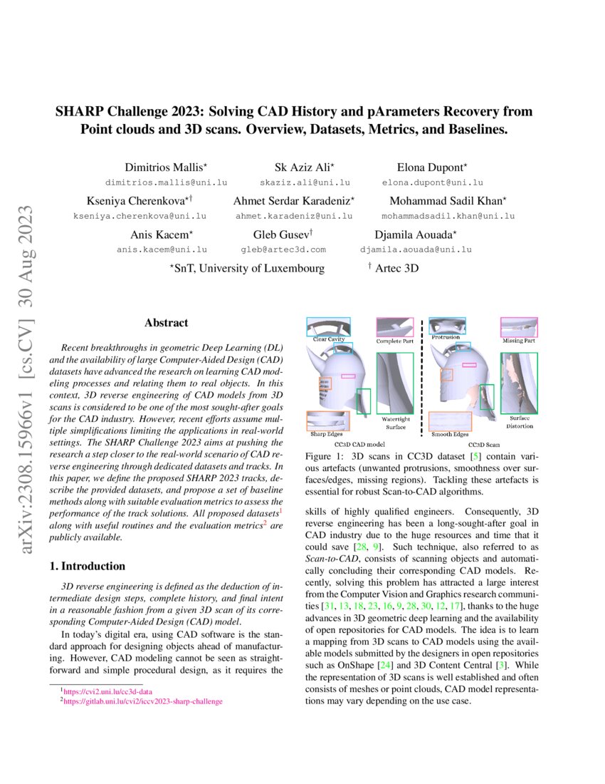 SHARP Challenge 2023: Solving CAD History and pArameters Recovery from Point clouds and 3D scans ...