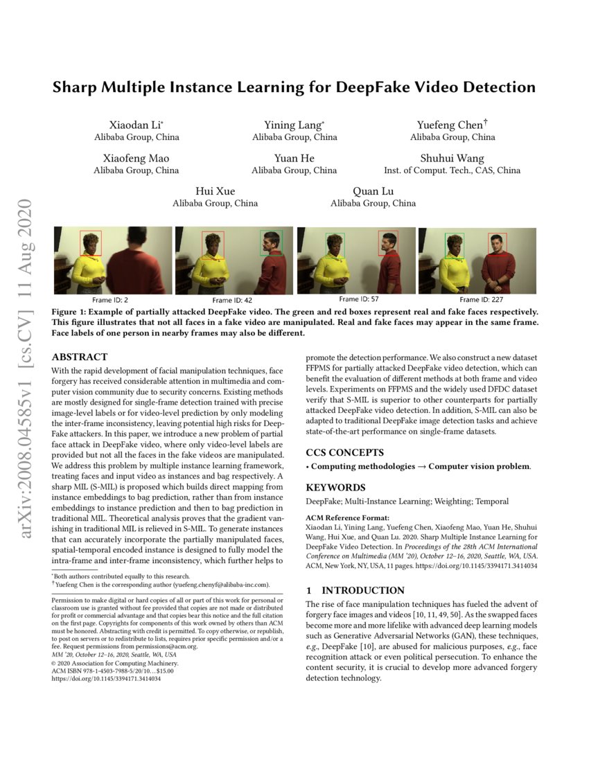 Sharp Multiple Instance Learning for DeepFake Video Detection | DeepAI