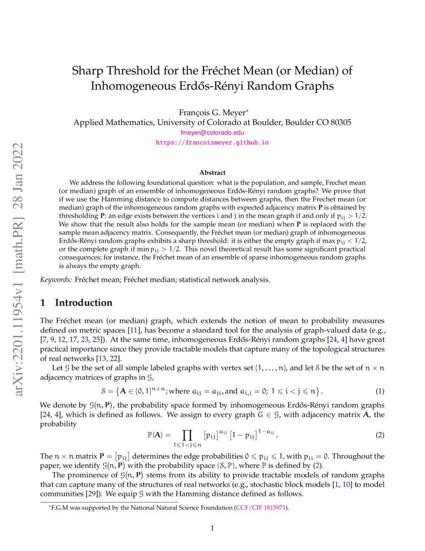 Sharp Threshold for the Frechet Mean (or Median) of Inhomogeneous Erdos-Renyi Random Graphs | DeepAI