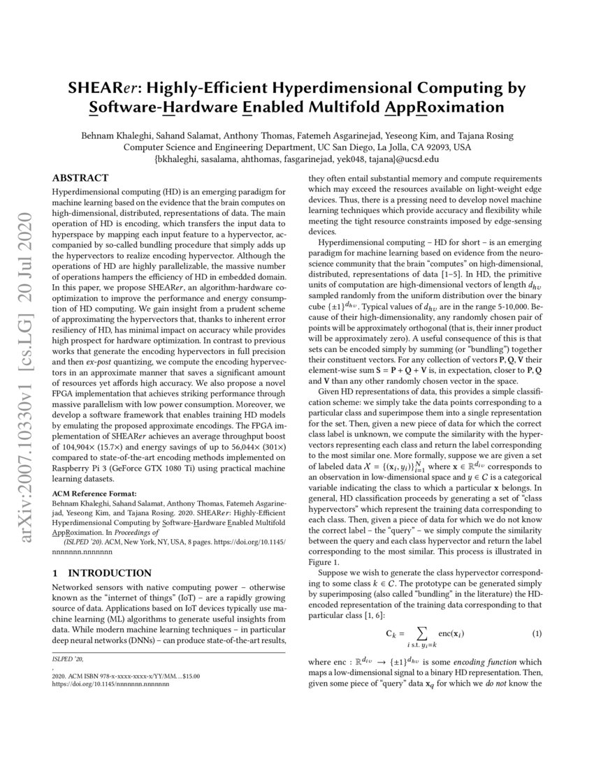 Shearer Highly Efficient Hyperdimensional Computing By Software Hardware Enabled Multifold