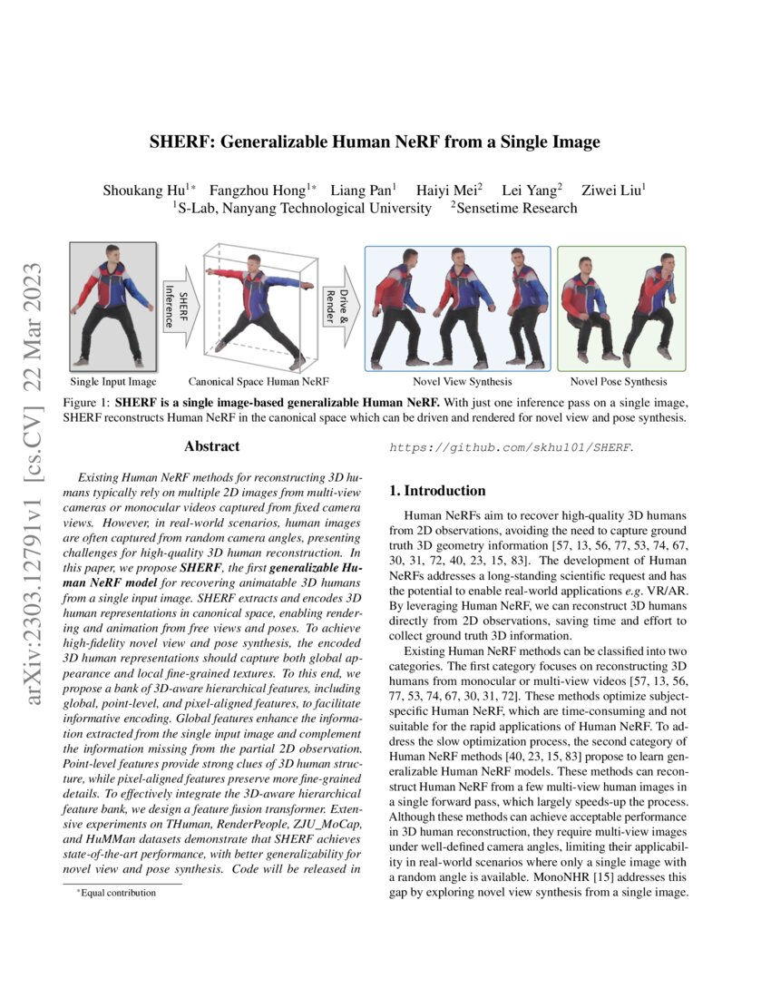 SHERF: Generalizable Human NeRF from a Single Image | DeepAI
