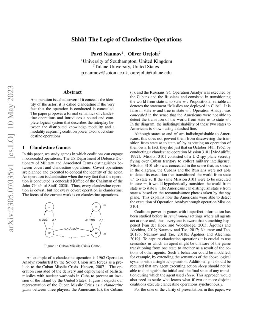 Shhh! The Logic of Clandestine Operations | DeepAI