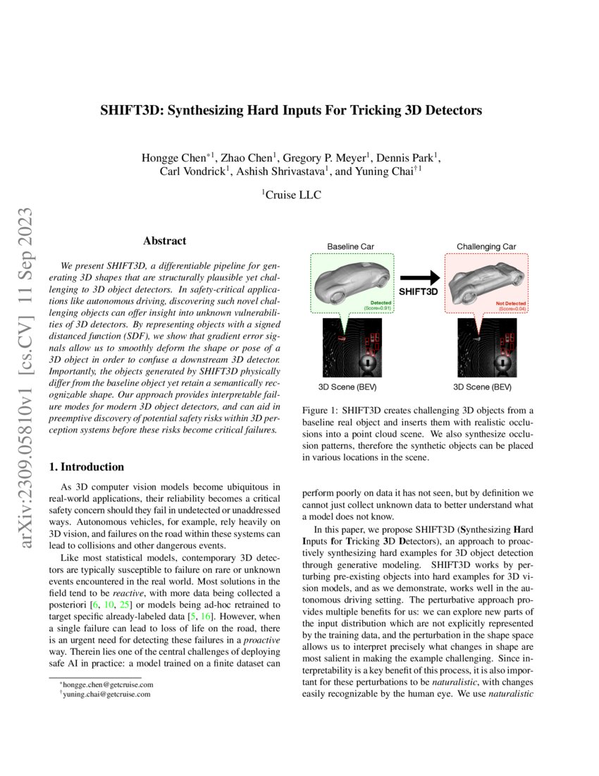 SHIFT3D: Synthesizing Hard Inputs For Tricking 3D Detectors | DeepAI
