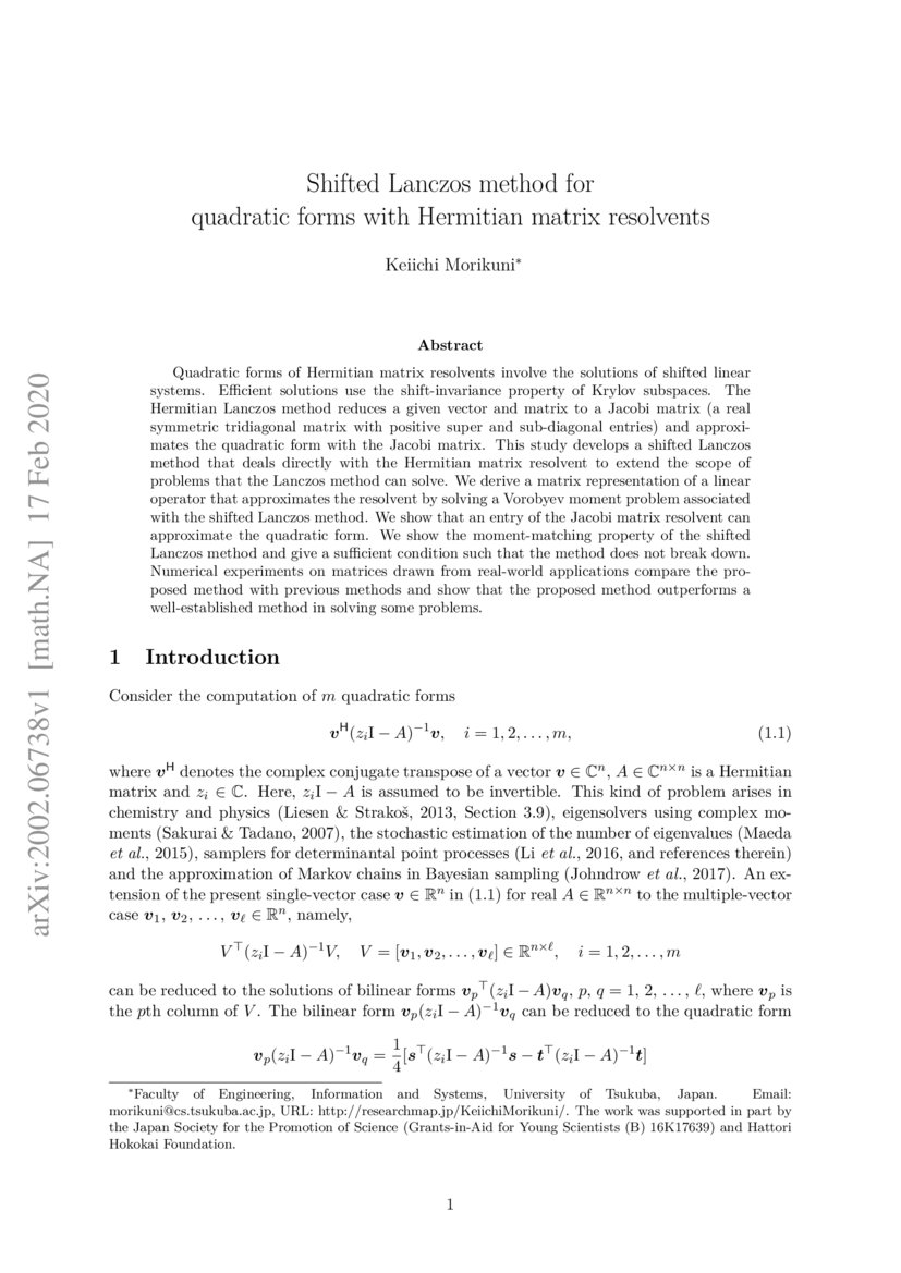 Shifted Lanczos Method For Quadratic Forms With Hermitian Matrix Resolvents Deepai