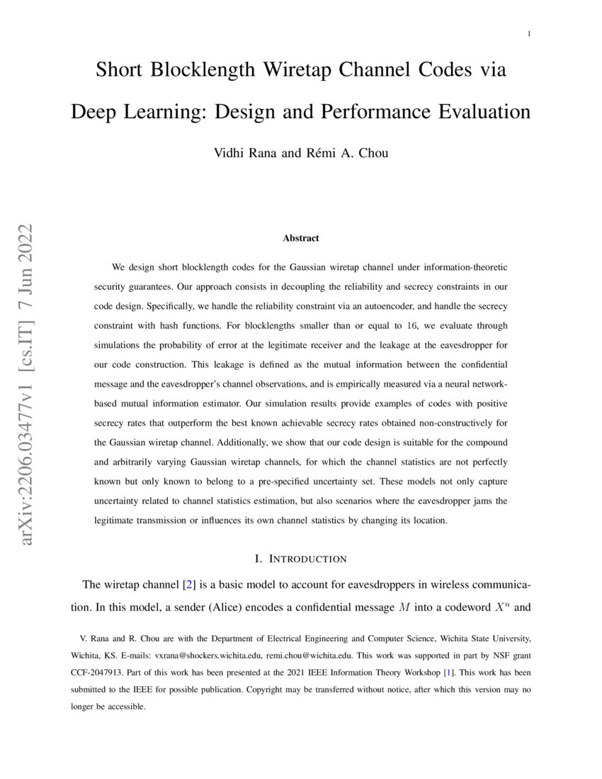 Short Blocklength Wiretap Channel Codes via Deep Learning: Design and Performance Evaluation ...