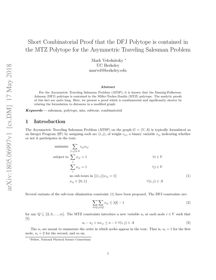 Short Combinatorial Proof that the DFJ Polytope is contained in the MTZ ...
