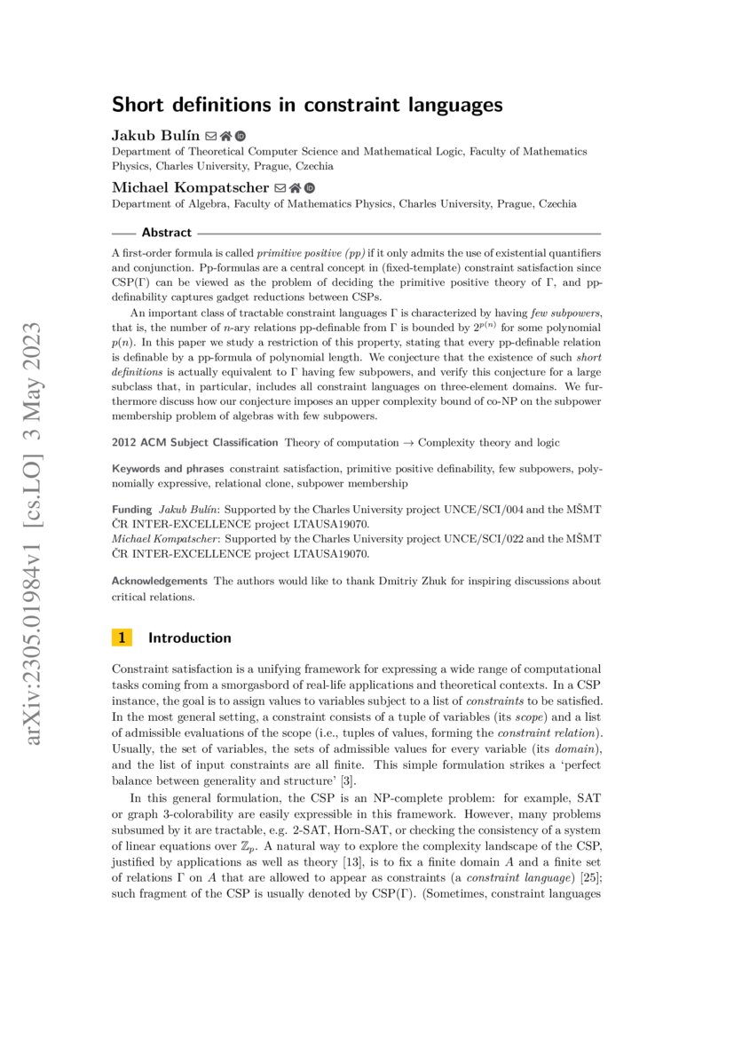 Short definitions in constraint languages | DeepAI