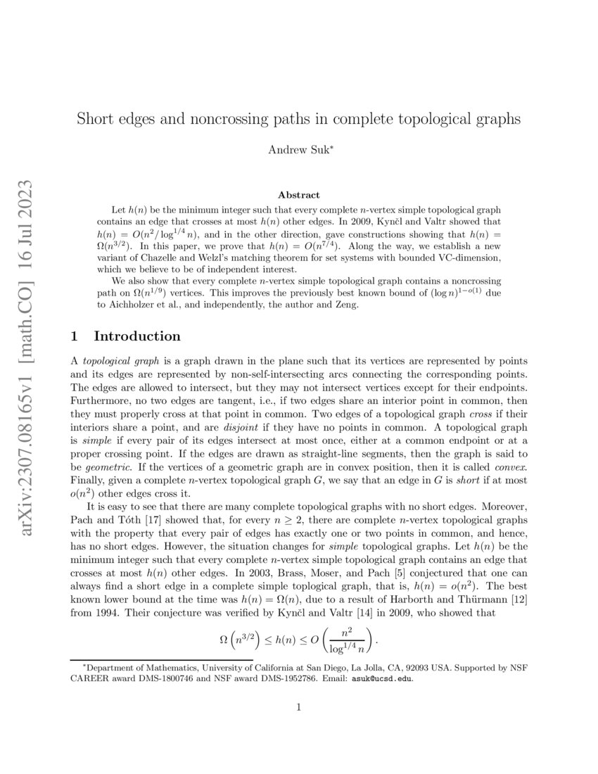 Short edges and noncrossing paths in complete topological graphs | DeepAI