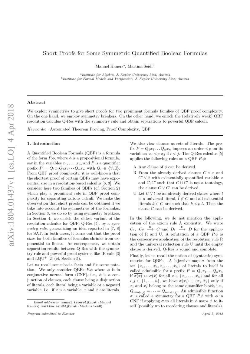 Short Proofs for Some Symmetric Quantified Boolean Formulas | DeepAI