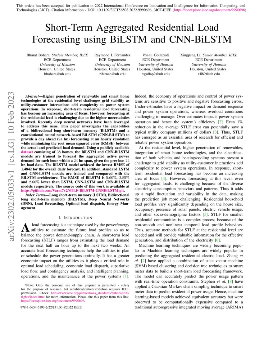 Short Term Aggregated Residential Load Forecasting Using Bilstm And Cnn Bilstm Deepai 