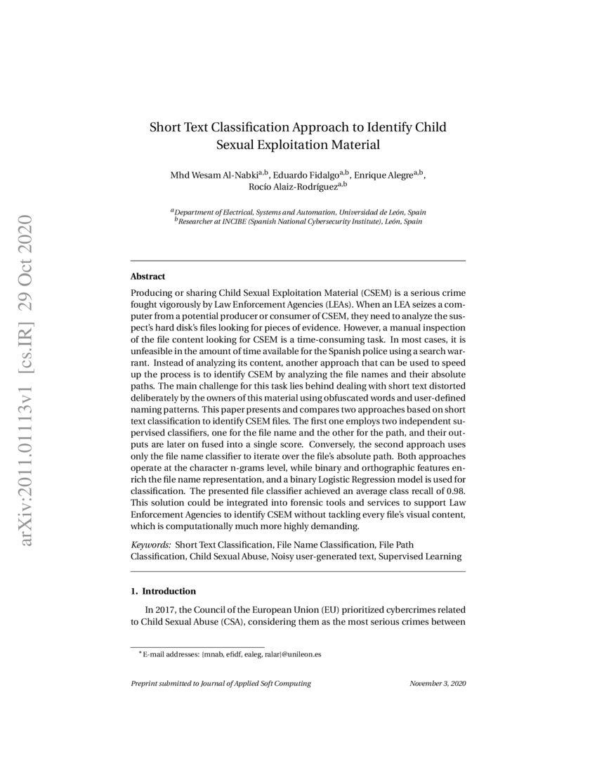 Short Text Classification Approach to Identify Child Sexual ...