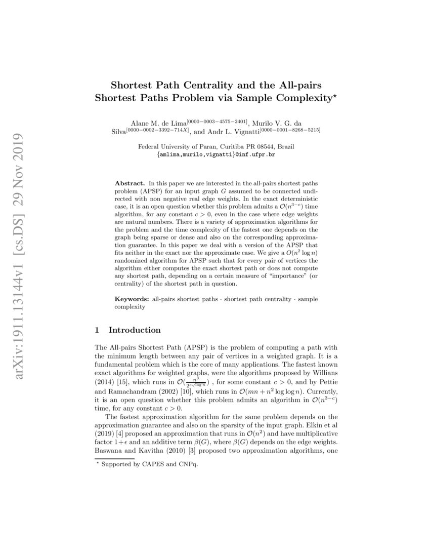 Shortest Path Centrality And The All Pairs Shortest Paths Problem Via Sample Complexity Deepai