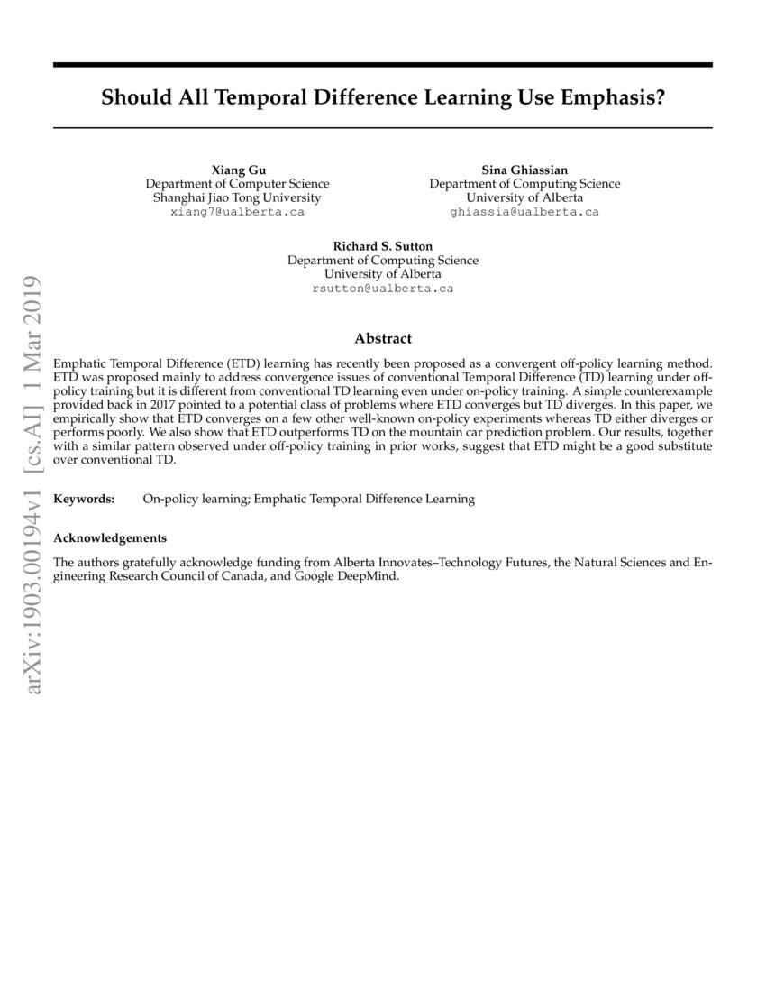 Should All Temporal Difference Learning Use Emphasis? | DeepAI