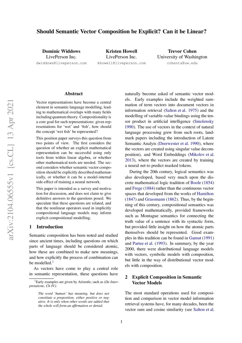 Should Semantic Vector Composition Be Explicit Can It Be Linear Deepai