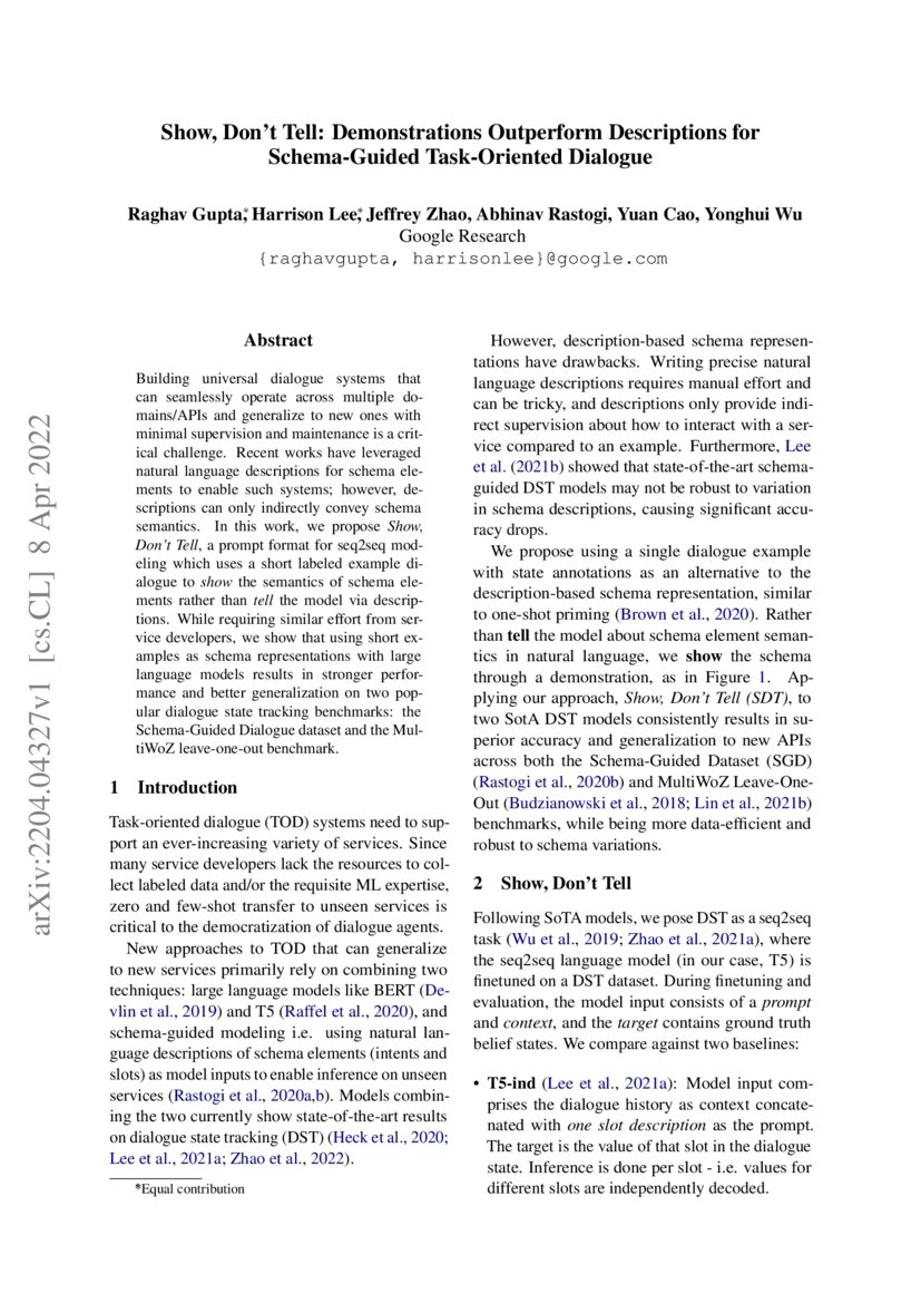 Show, Don't Tell: Demonstrations Outperform Descriptions for Schema-Guided Task-Oriented ...