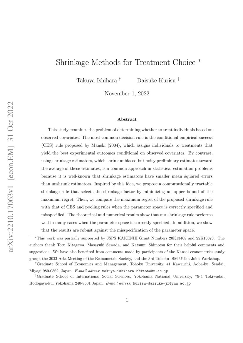Shrinkage Methods For Treatment Choice Deepai