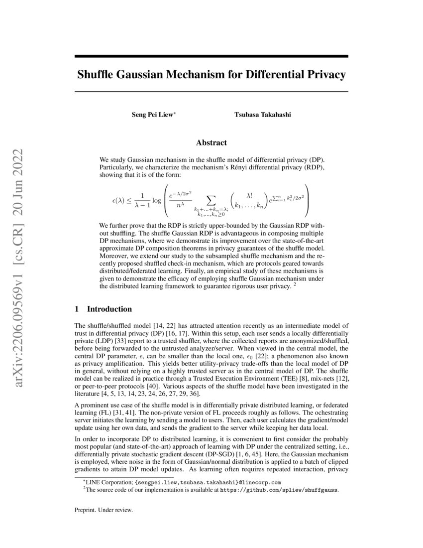 Shuffle Gaussian Mechanism for Differential Privacy | DeepAI