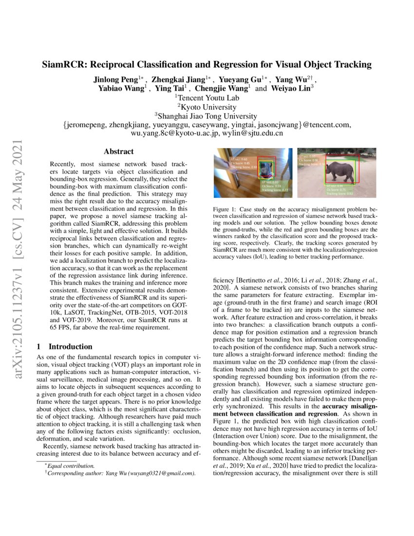 SiamRCR: Reciprocal Classification and Regression for Visual Object Tracking | DeepAI